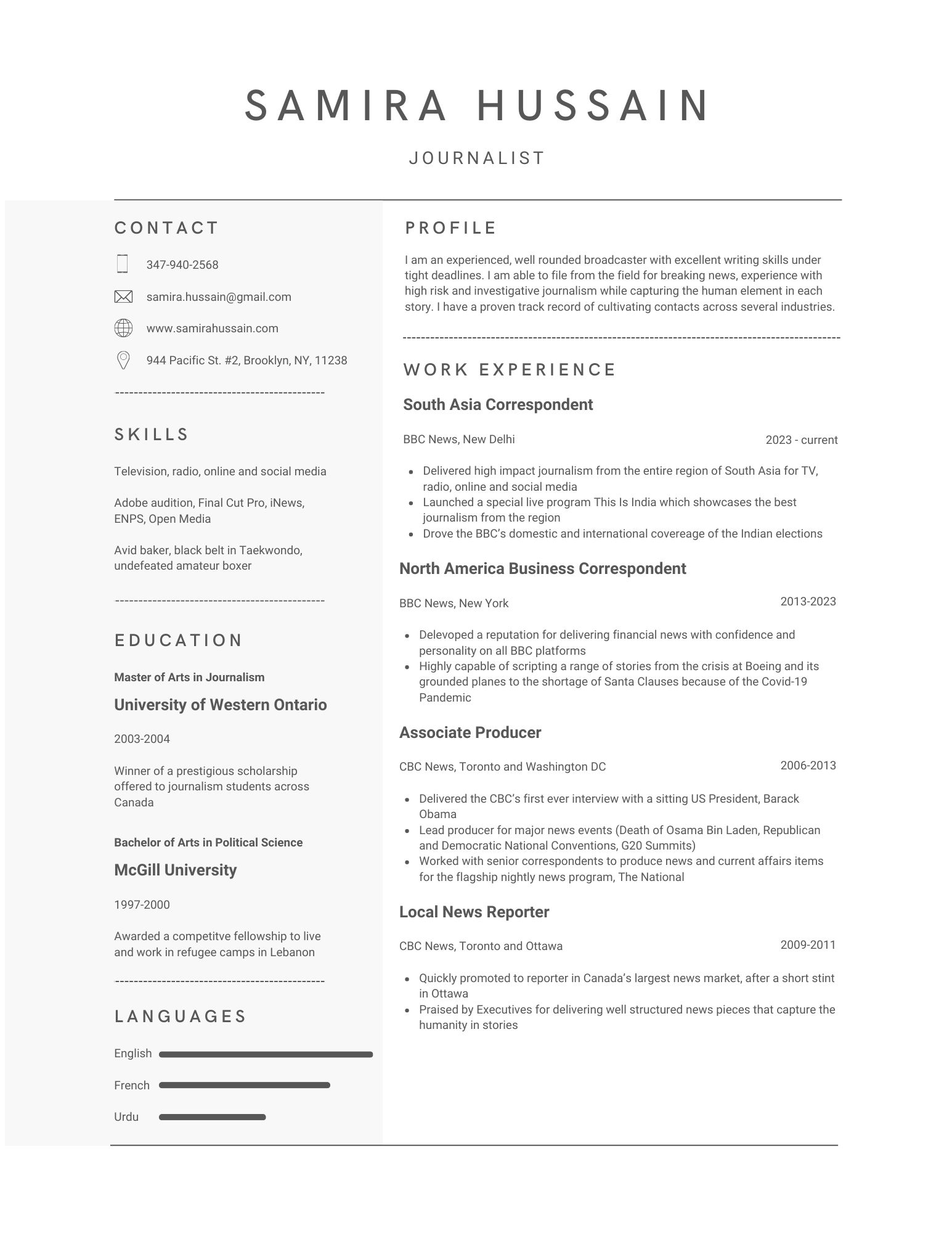 Resume – Samira Hussain
